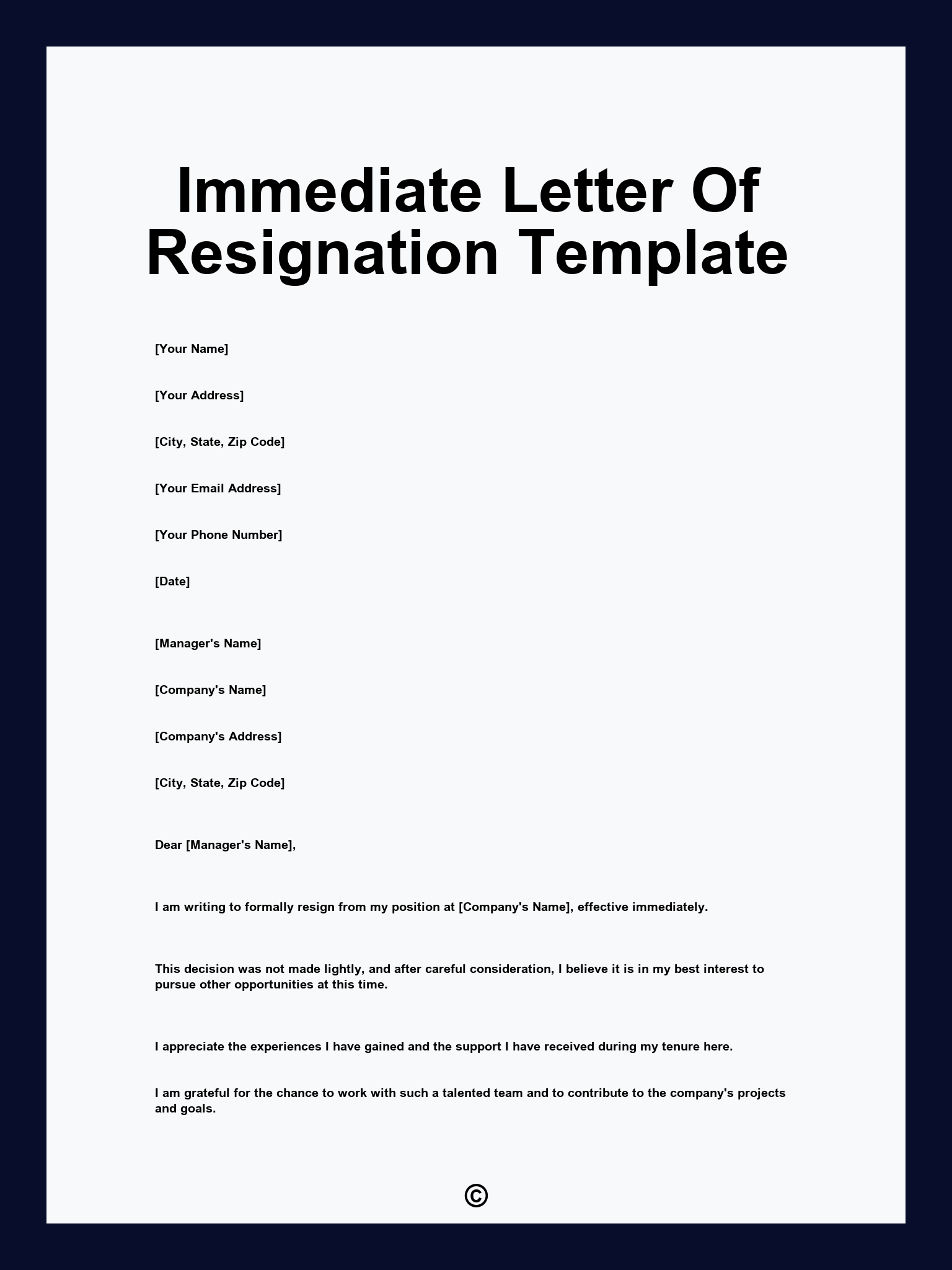 Immediate Letter Of Resignation Template